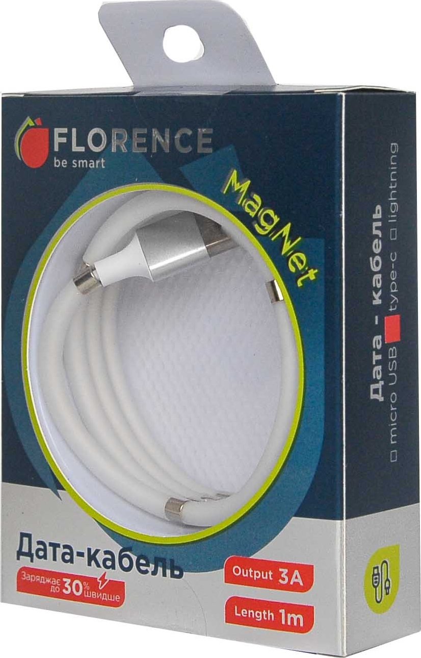 Кабель USB AM -> Type C Florence MagNet 1м 3A White (FL-2202-WT) купить ...